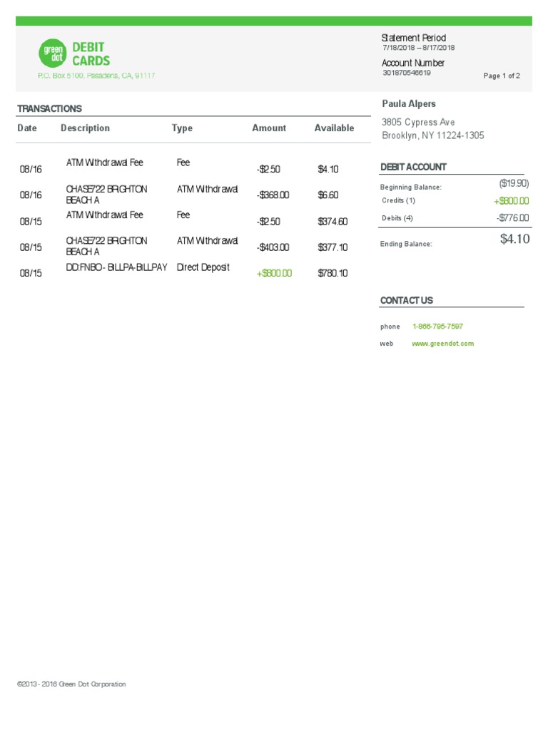 Green Dot Statement | Download Free PDF | Debit Card | Automated Teller Machine