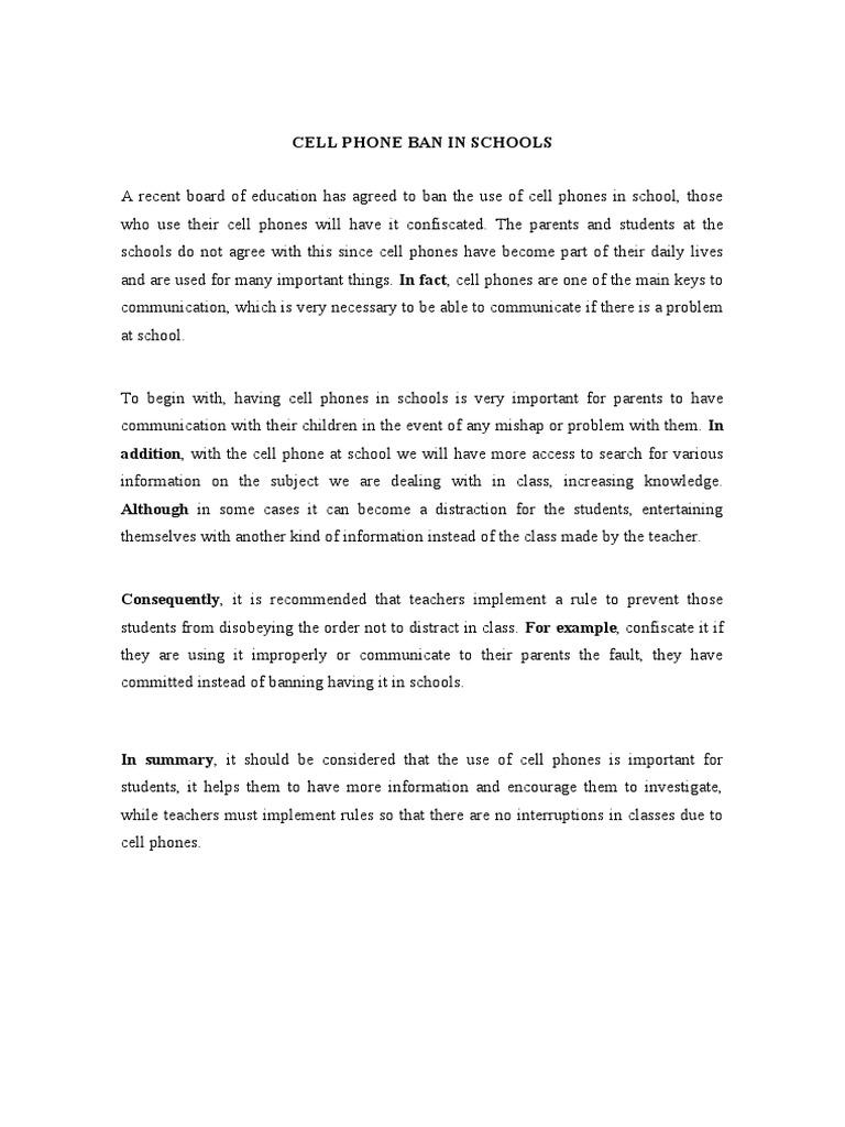 Cell Phone Ban in Schools - Essay | PDF