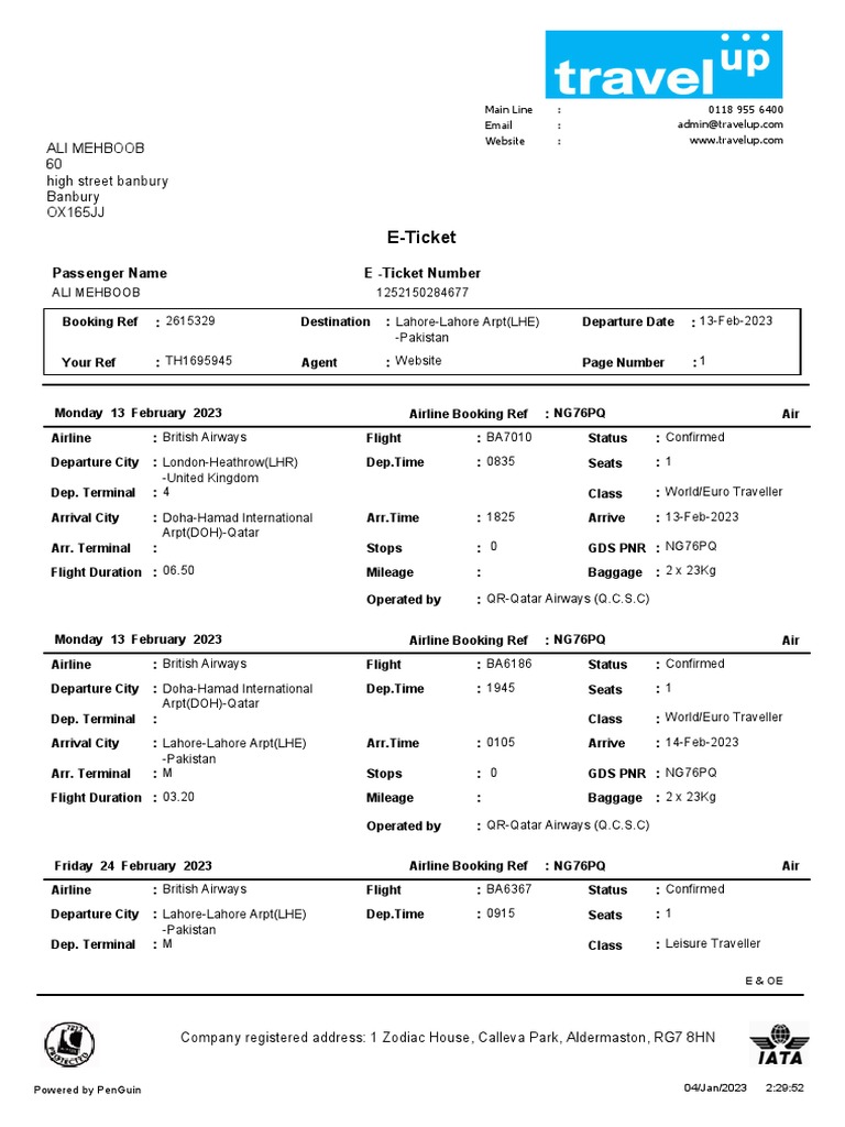 E-Ticket Booking Ref NG76PQ Folder No. 2615329 | PDF | Transport | Aviation
