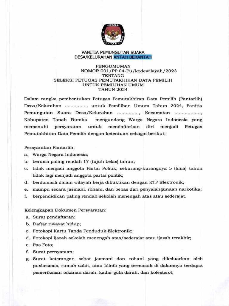 Template Pengumuman Pantarlih Mohon Disesuaikan Pdf