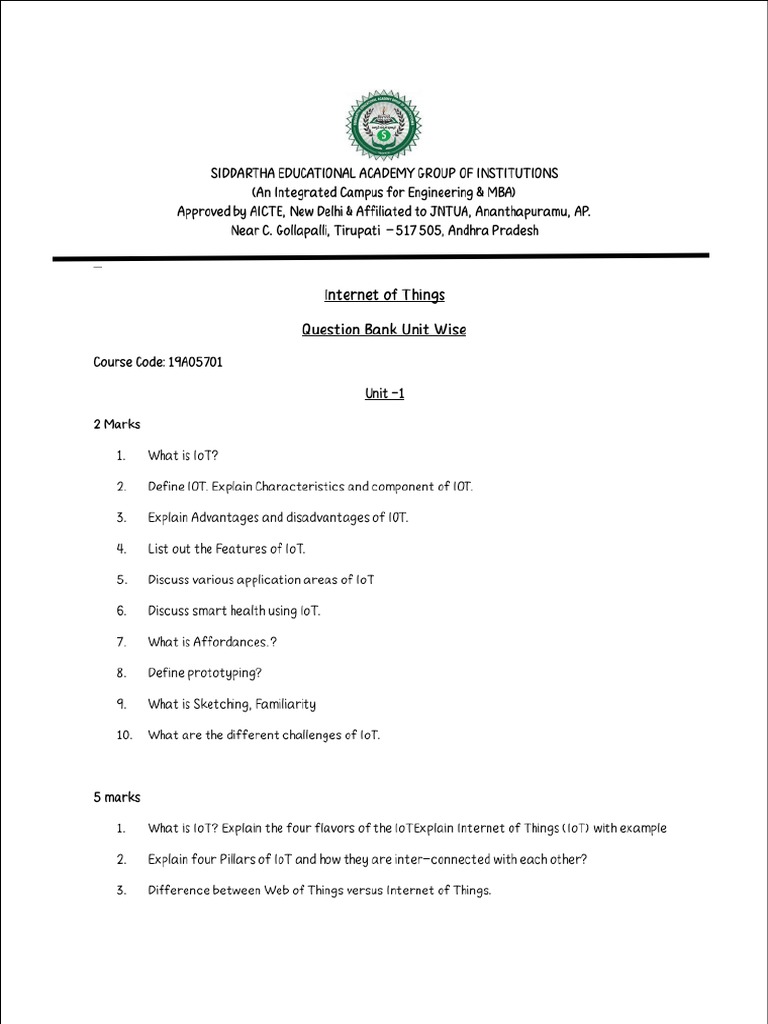 IoT Unit Wise Questions | PDF