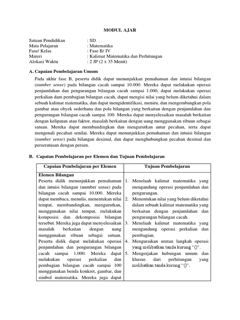 Modul Ajar Kurikulum Merdeka Kelas 4 | PDF