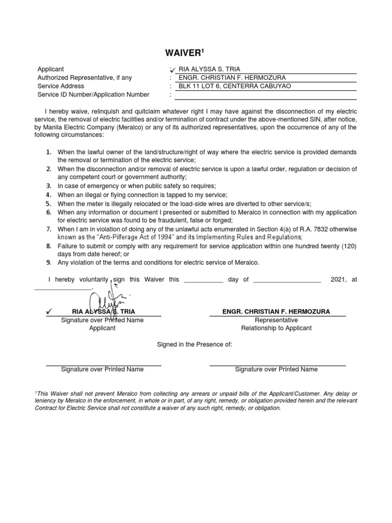 11.3 Meralco - SA Waiver (TRIA) | PDF | Public Law | Private Law