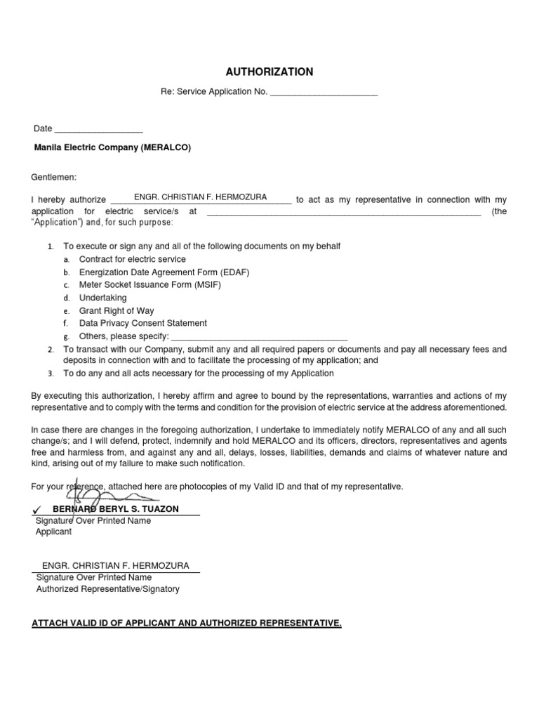 11 Meralco - AUTHORIZATION LETTER (TUAZON) | PDF