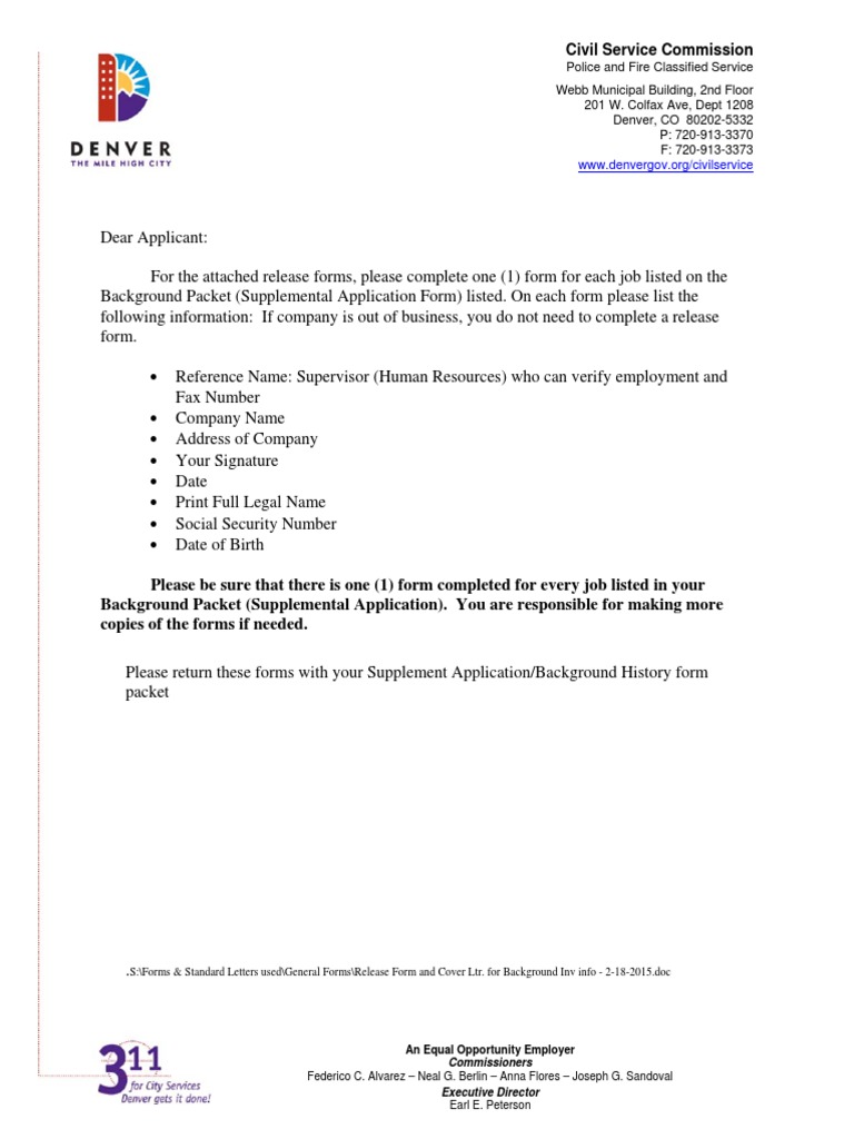 Denver Civil Service Background Release Form | PDF | Background Check ...