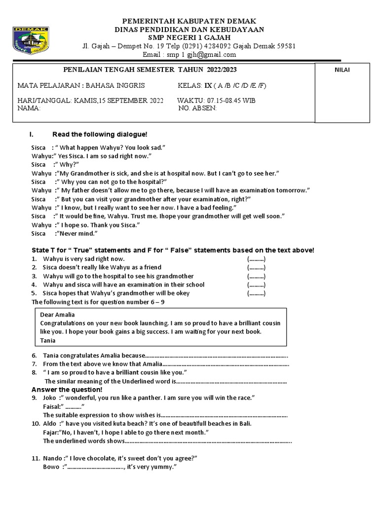 SOAL PTS Bhs. Inggris Kls 9 | PDF
