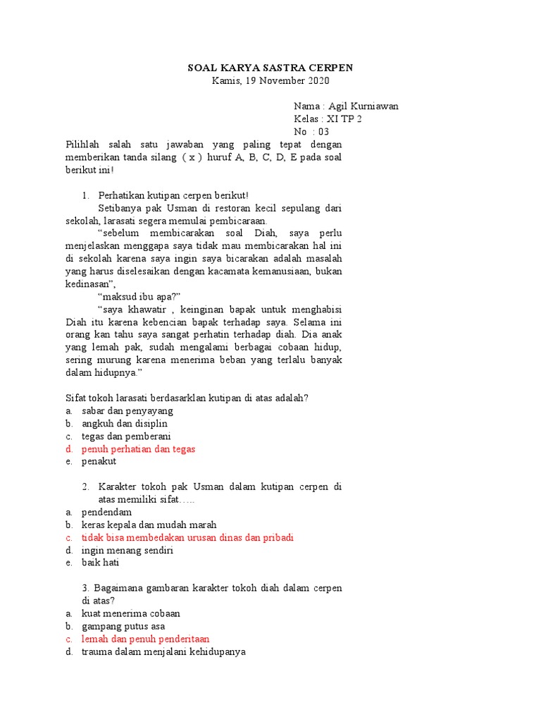 Soal Cerpen dan Kunci Jawaban | PDF