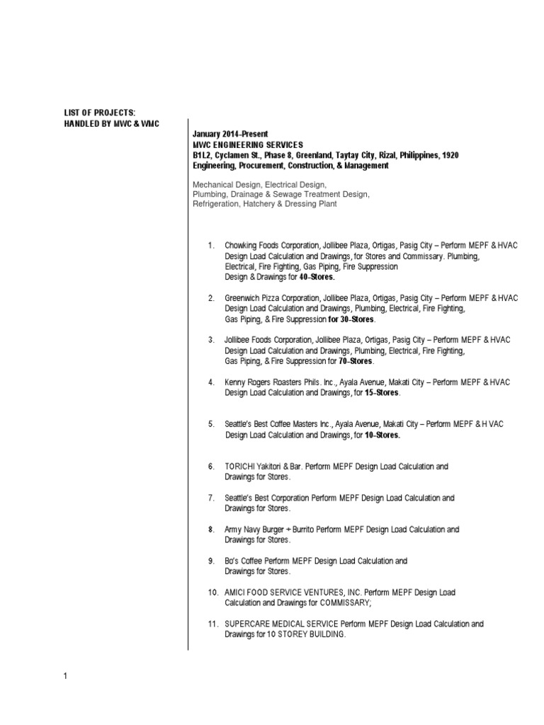 7.0 LIST OF PROJECTS HANDLED MWC-2018 Latest Rev | PDF | Makati | Manila