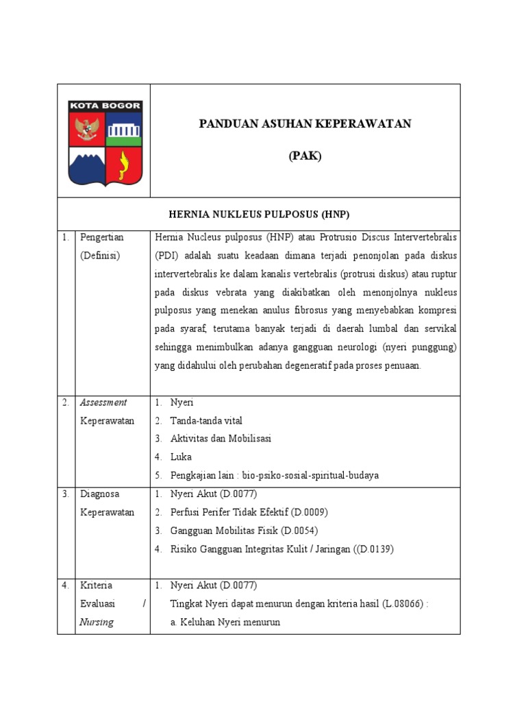 PANDUAN ASKEP HERNIA NUKLEUS PULPOSUS (HNP) | PDF