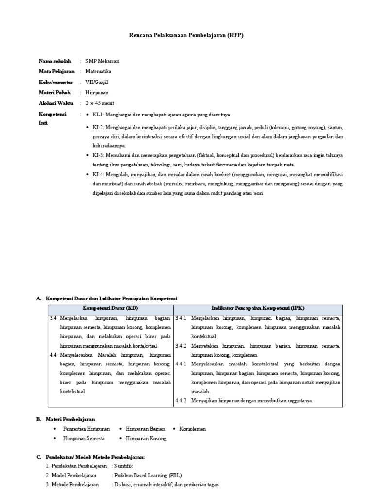 RPP Himpunan Kelas 7 Ganjil | PDF | Karier & Perkembangan | Seni & Disiplin Bahasa