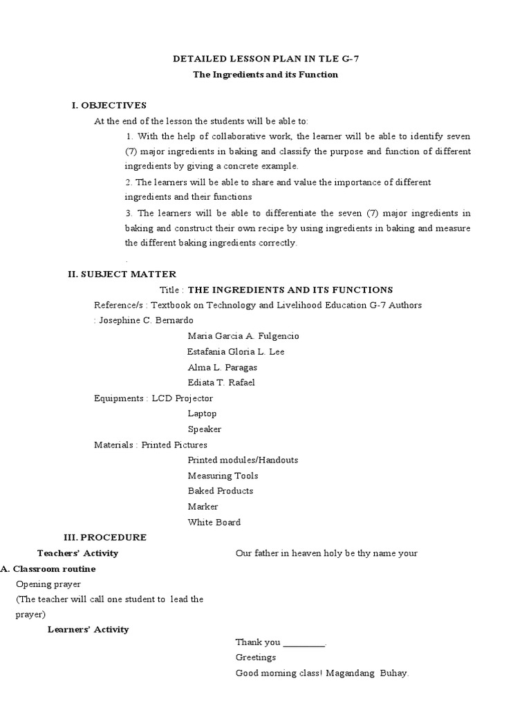 Detailed Lesson Plan in Tle Baking Ingredients and Their Functions ...
