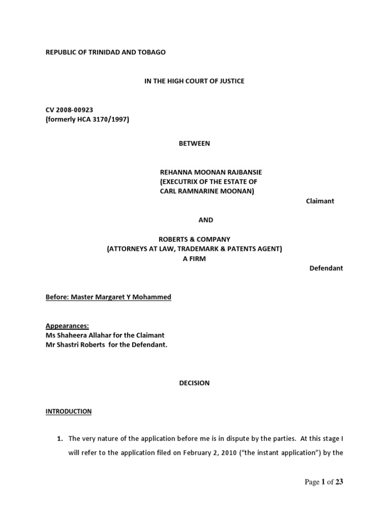 Rehanna Moonan Rajbansie (Executrix of The Estate of Carl Ramnarine ...