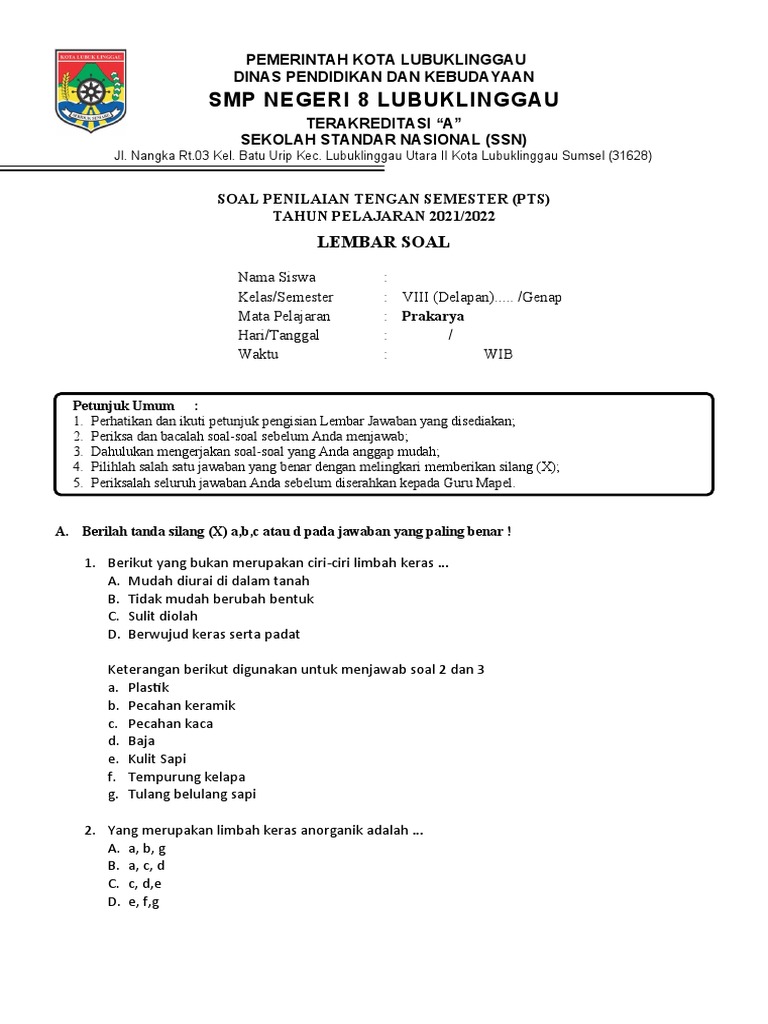 Soal MID Prakarya Kelas 8 Semester Genap TH 2022 | PDF
