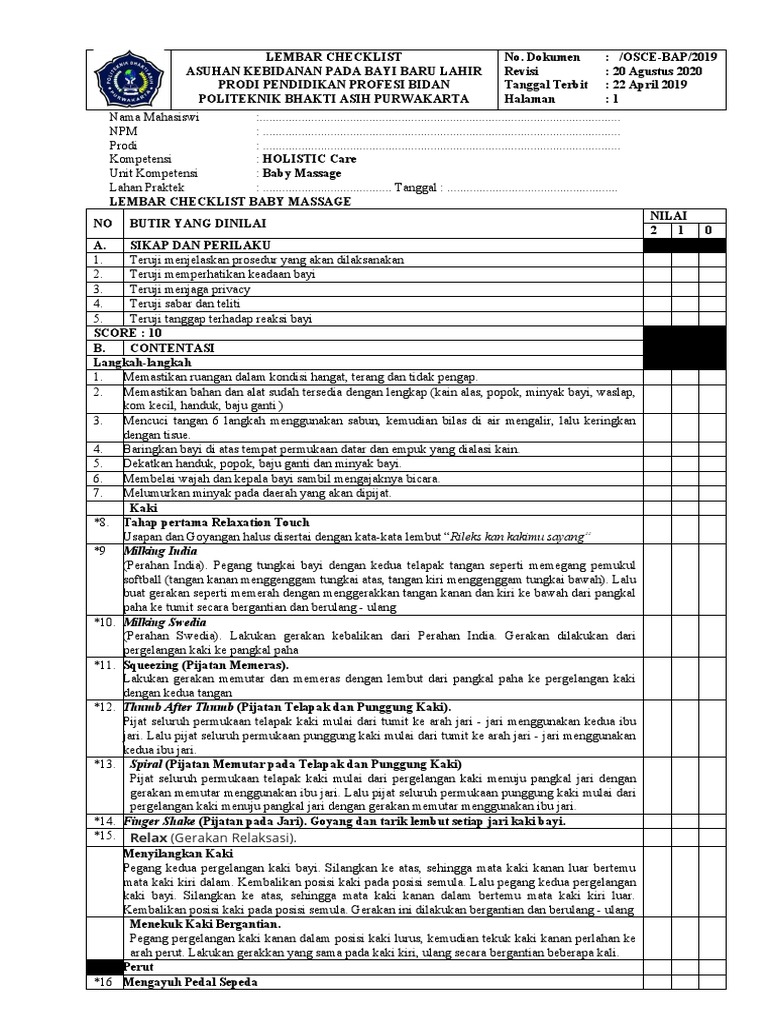 Checklist Pijat Bayi Baru Lahir | PDF