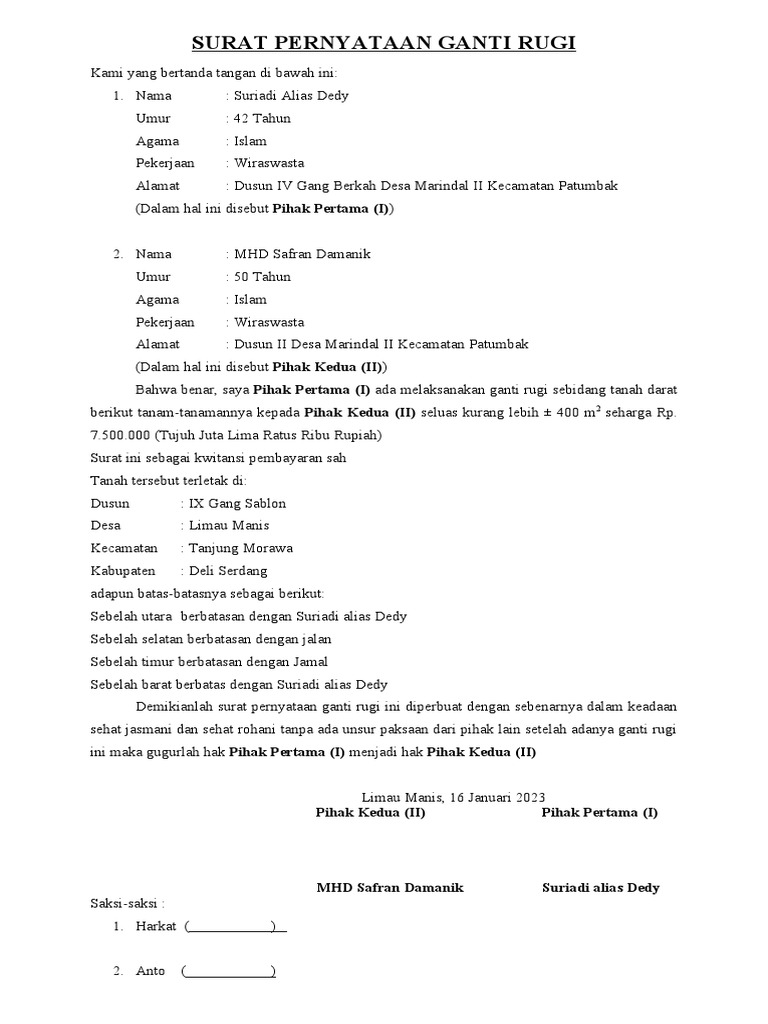 Surat Pernyataan Ganti Rugi | PDF