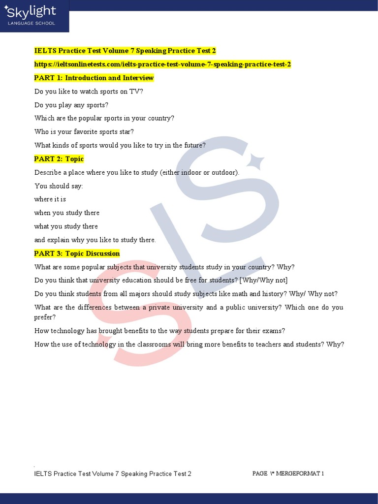 STS - IELTS Practice Test Volume 7 Speaking Practice Test 2 | PDF ...