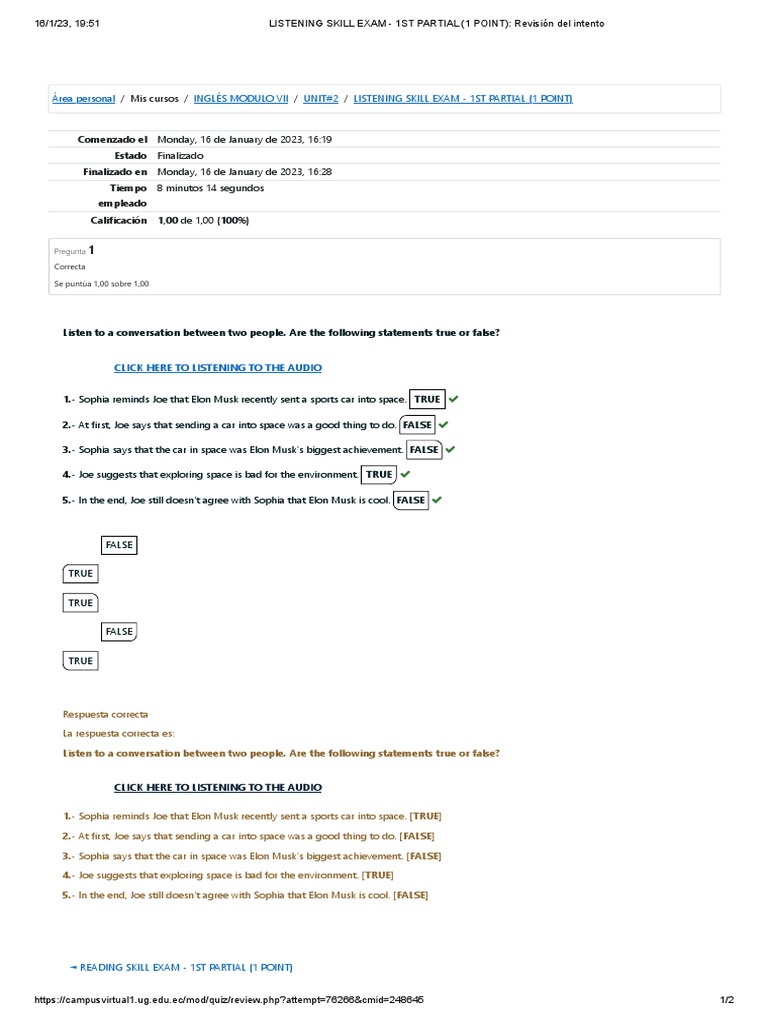 LISTENING SKILL EXAM - 1ST PARTIAL (1 POINT) - Revisión Del Intento | PDF
