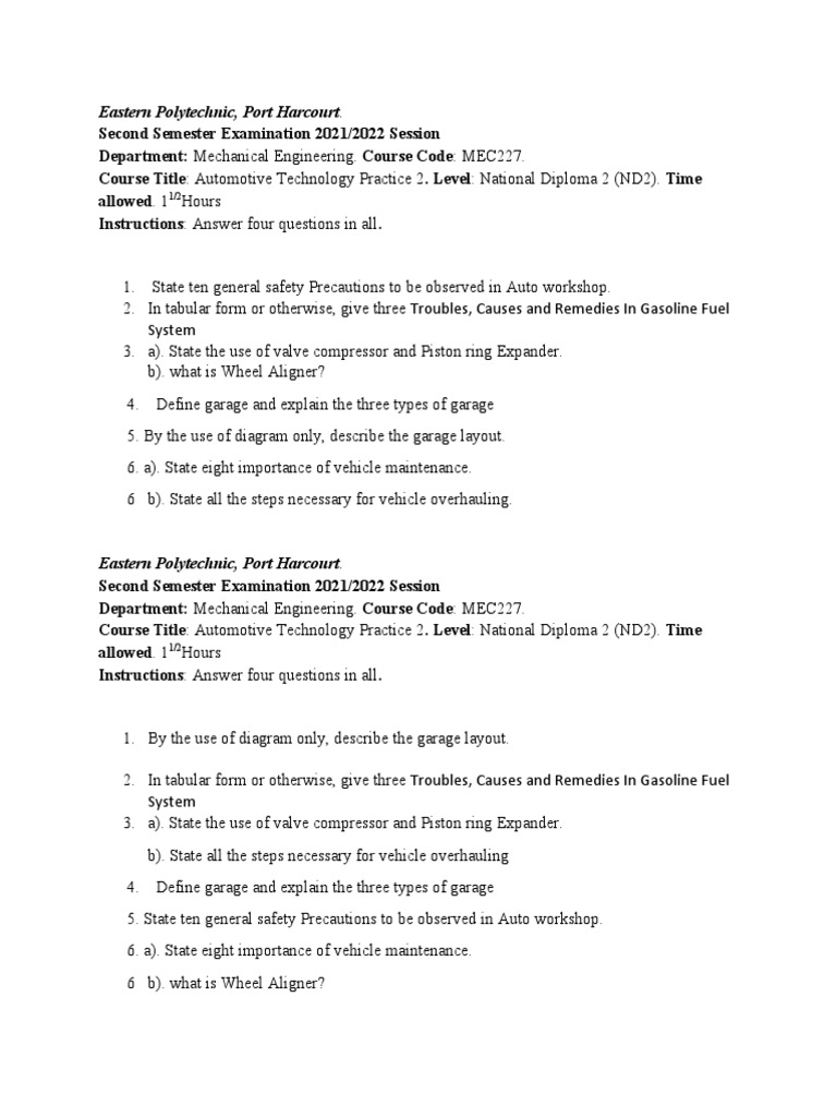 Automotive Tech Exam | PDF