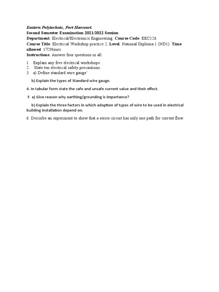 Electrical Workshop Practice Exam Guide | PDF