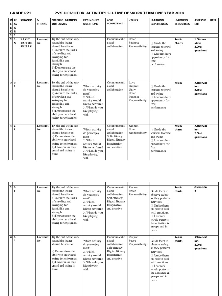 Grade Pp1 Schemes of Work Psychomotor Activities Term 1 2019 | PDF | Learning | Psychological ...