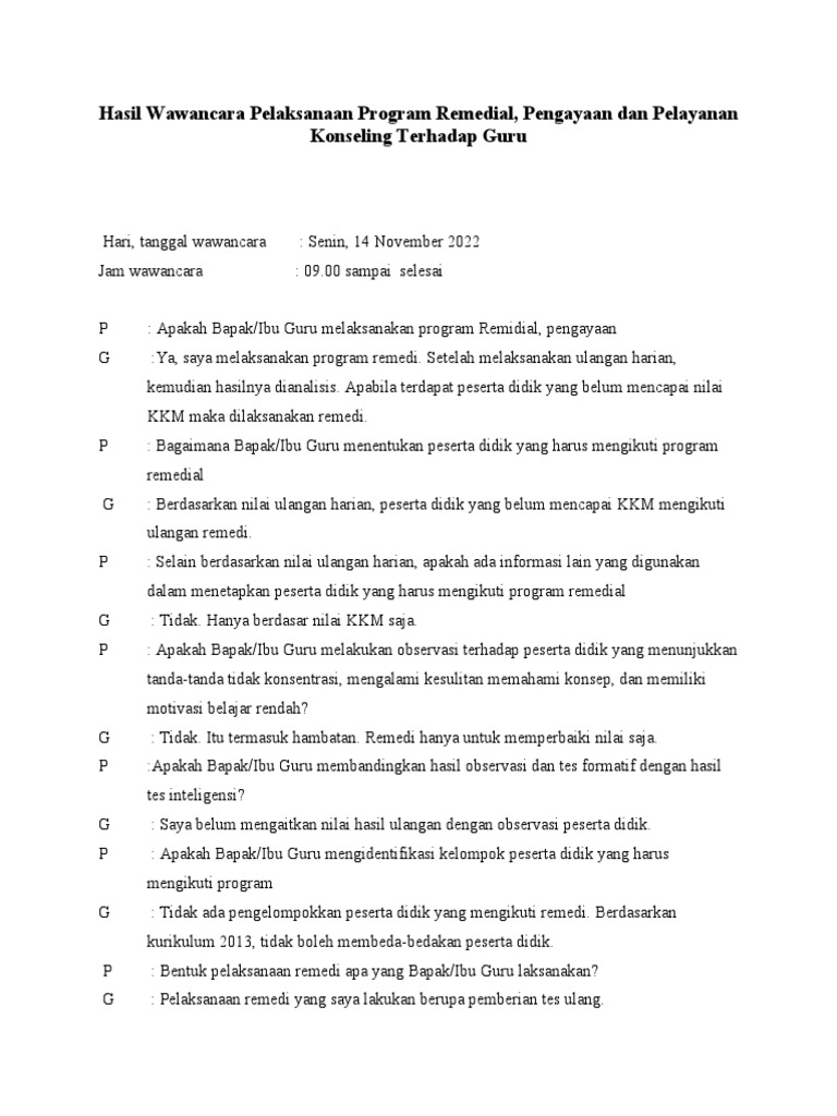 C.6.2 Hasil Wawancara Pelaksanaan Program Remedial | PDF