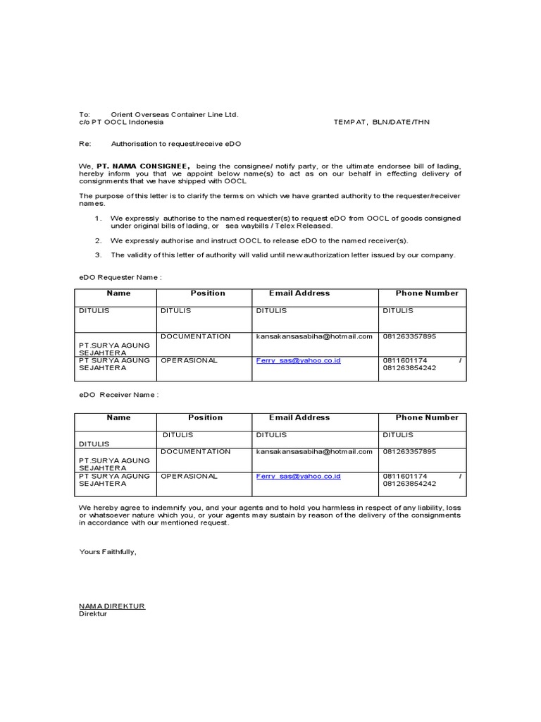 AUTHORISATION TO REQUEST RCV DO BMIS OOCL | PDF