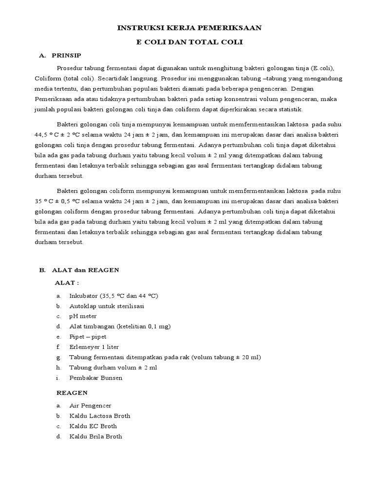 Instruksi Kerja Pemeriksaan e Coli Dan Total Coli | PDF