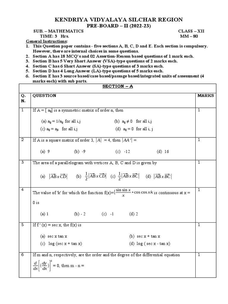 QP Maths XII KVS Silchar | Download Free PDF | Equations | Mathematical Physics