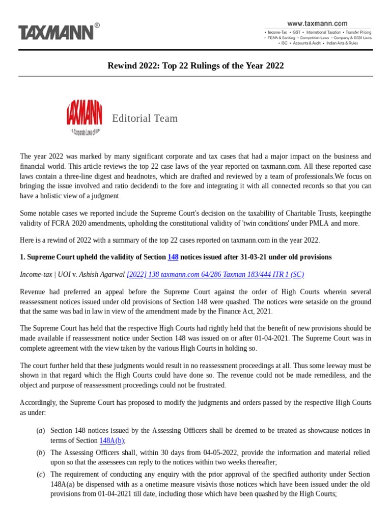 Rewind 2022 - Top 22 Rulings of The Year 2022 (Taxmann) | Download Free PDF | Bail | Reserve ...