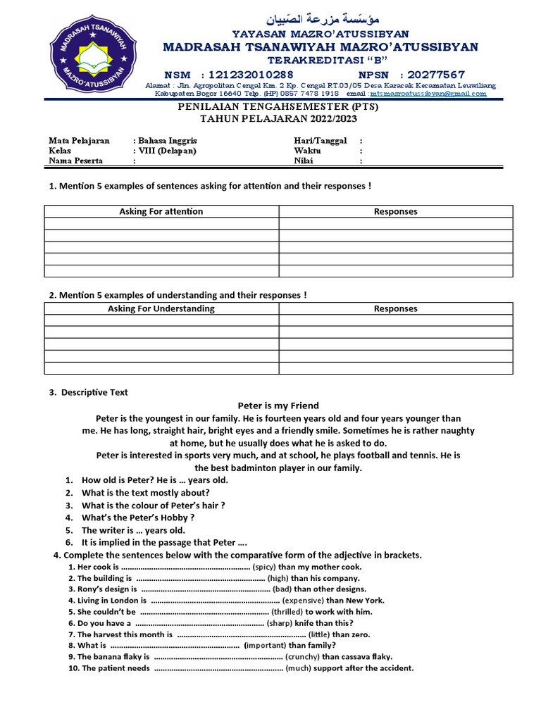 Soal PTS Bahasa Inggris Kelas 8 | PDF