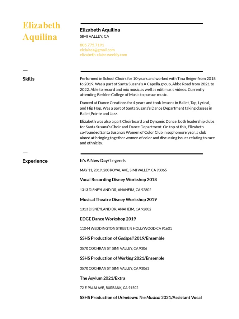 Elizabeth Aquilina Resume 1 | PDF | Performing Arts | Entertainment