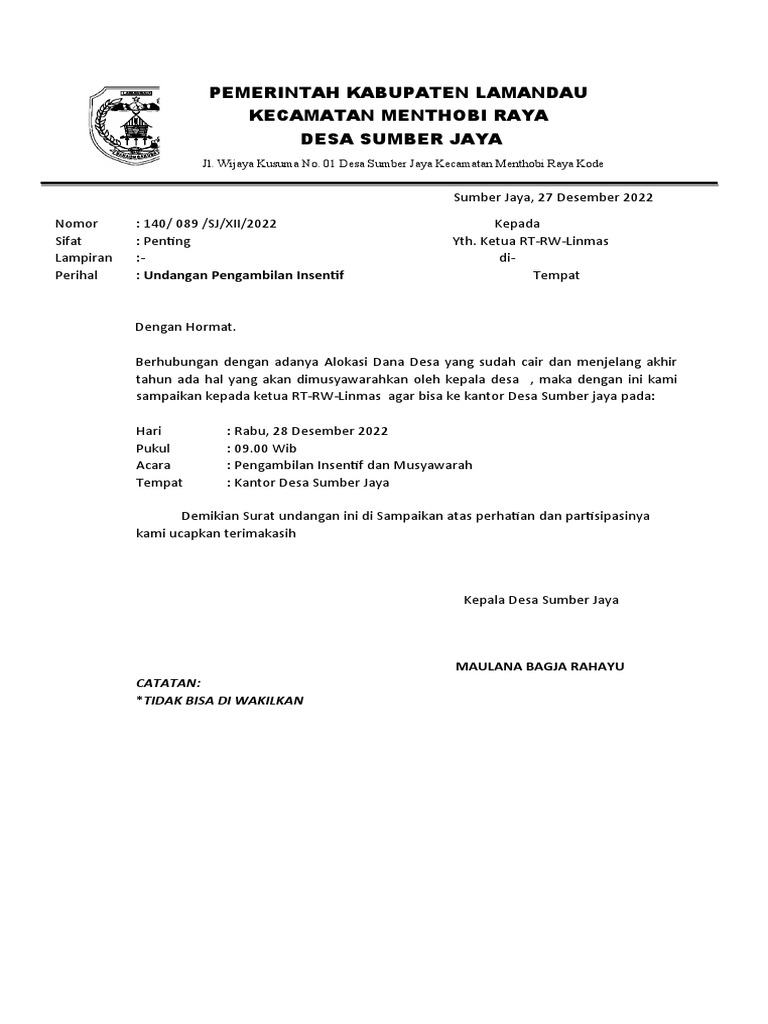 Undangan Musyawarah dan Insentif Desa | PDF