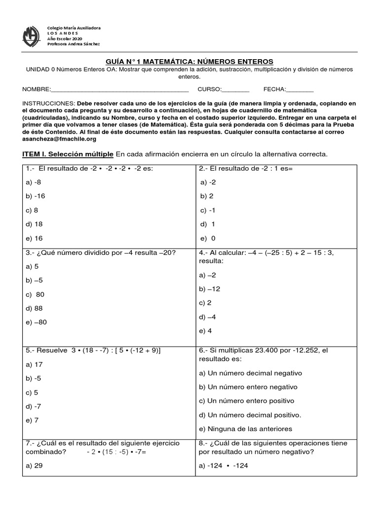 Guía N°1 Números Enteros | PDF | Entero | Matemática Elemental
