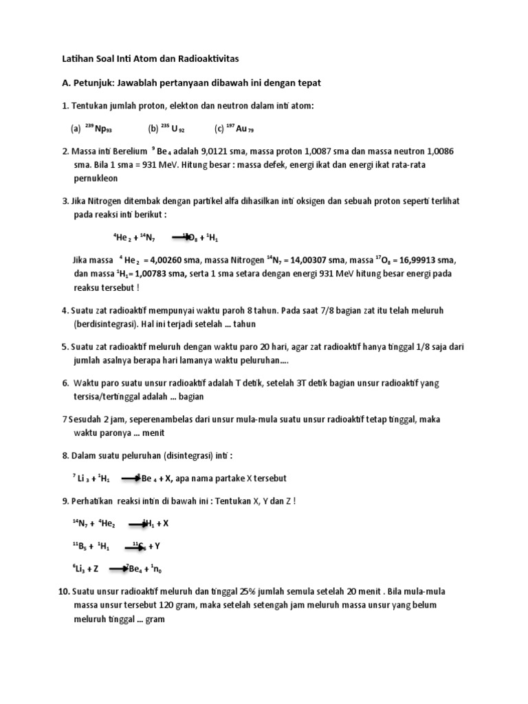 Latihan Soal Inti Atom Dan Radioaktivitas 2023 | PDF
