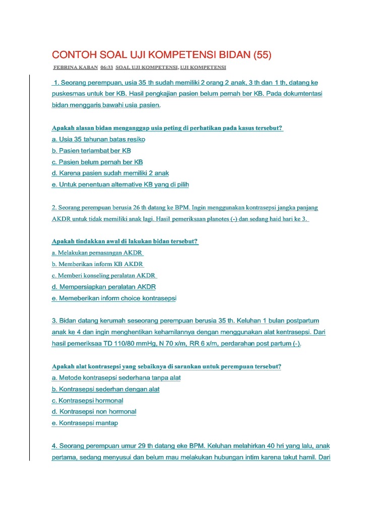 Contoh Soal Uji Kompetensi Bidan Kbdocx | PDF