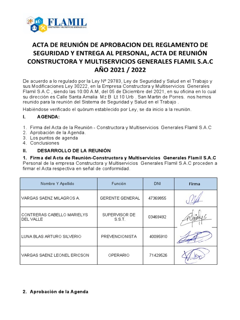 4.4.4. - F Acta de Aprobación y Entrega de Reglamento Interno | PDF