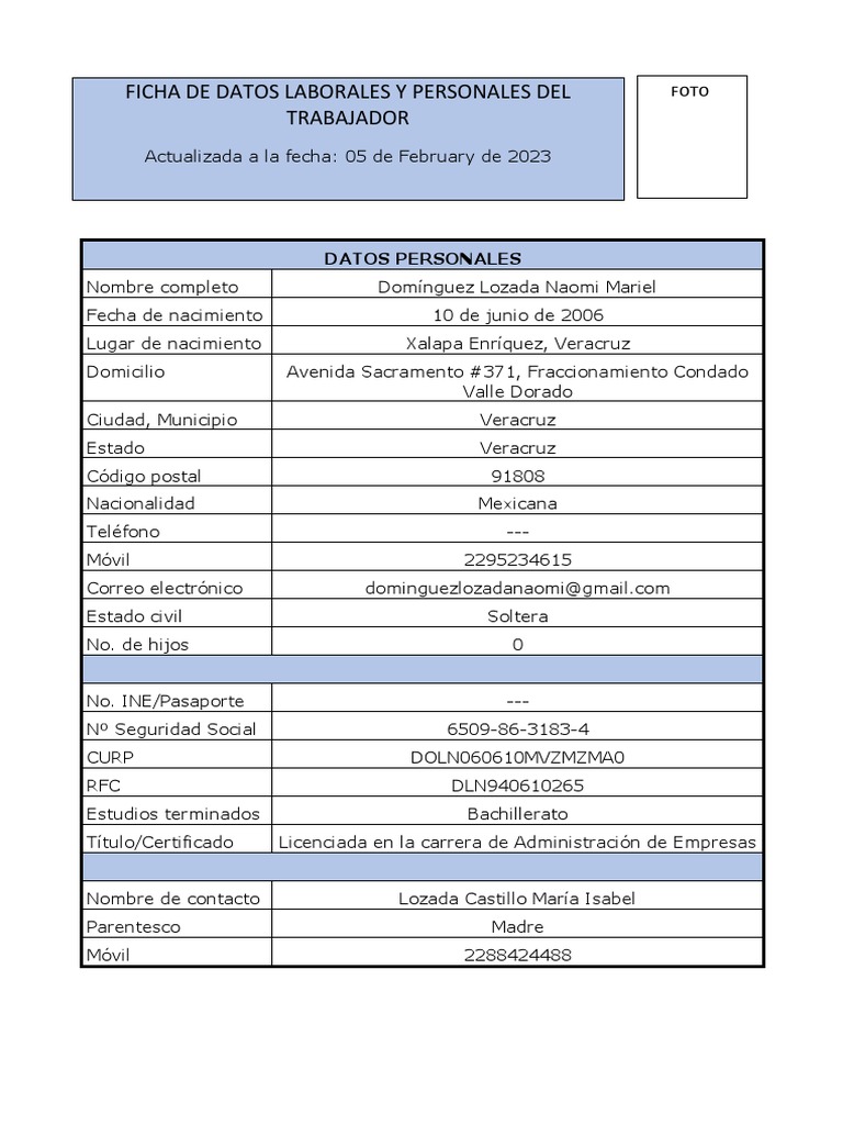 Datos Personales y Laborales de Naomi Domínguez | PDF