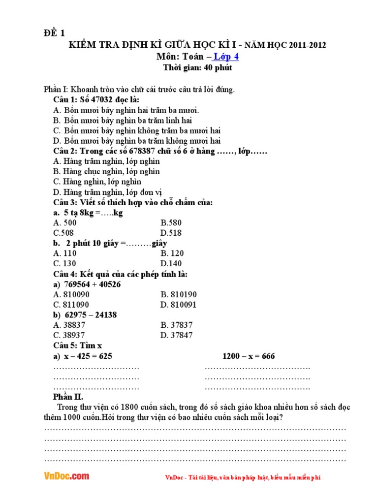 De Kiem Tra Giua Ki 1 Mon Toan Lop 4 | PDF