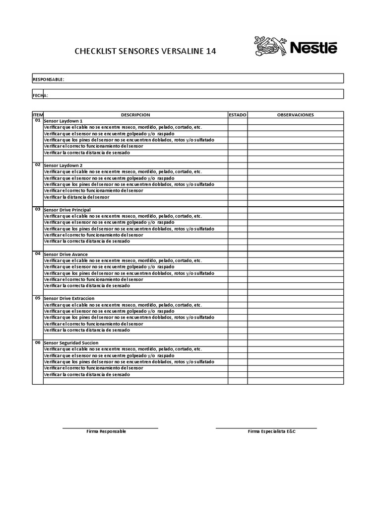 Checklist Sensores Versaline 14 | PDF