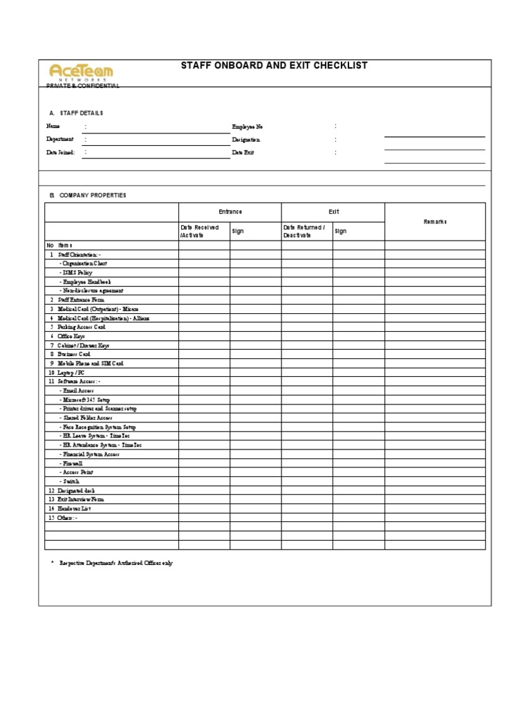 Staff Onboard & Exit Checklist | PDF