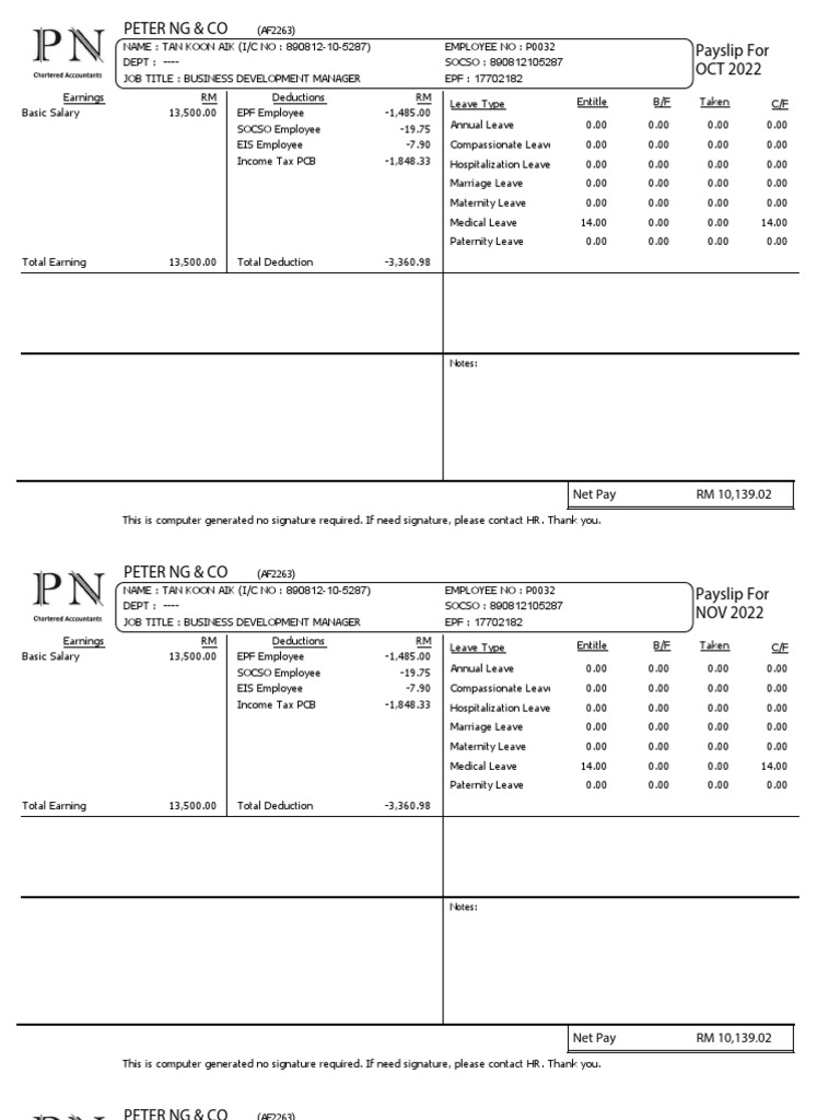 Tan Koon Aik Payslip | PDF | Sick Leave | Parental Leave