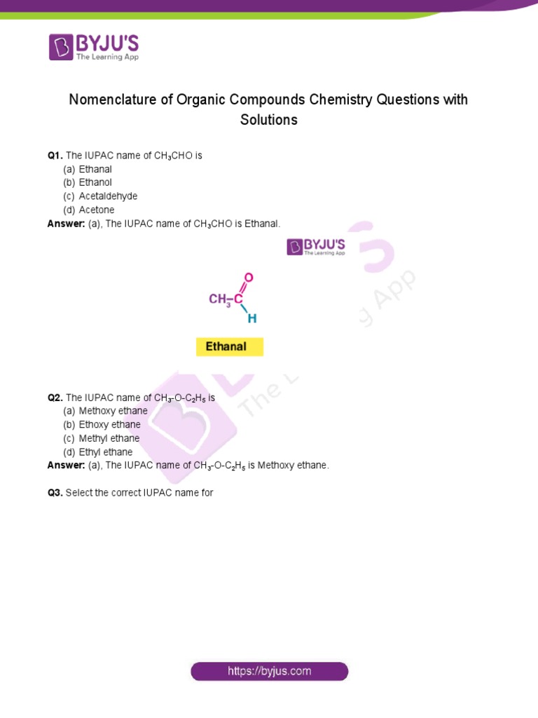 Nomenclature of Organic Compounds Chemistry Questions | PDF ...