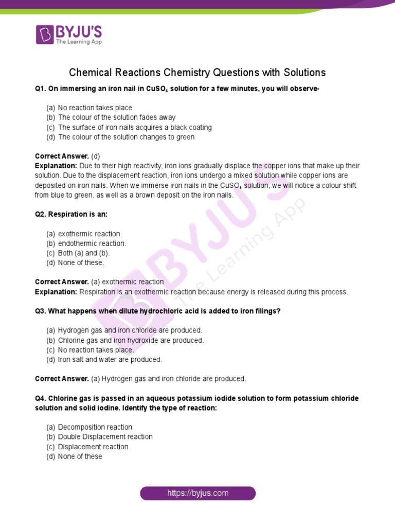 Chemical Reactions: Questions & Answers | PDF | Chemical Reactions ...