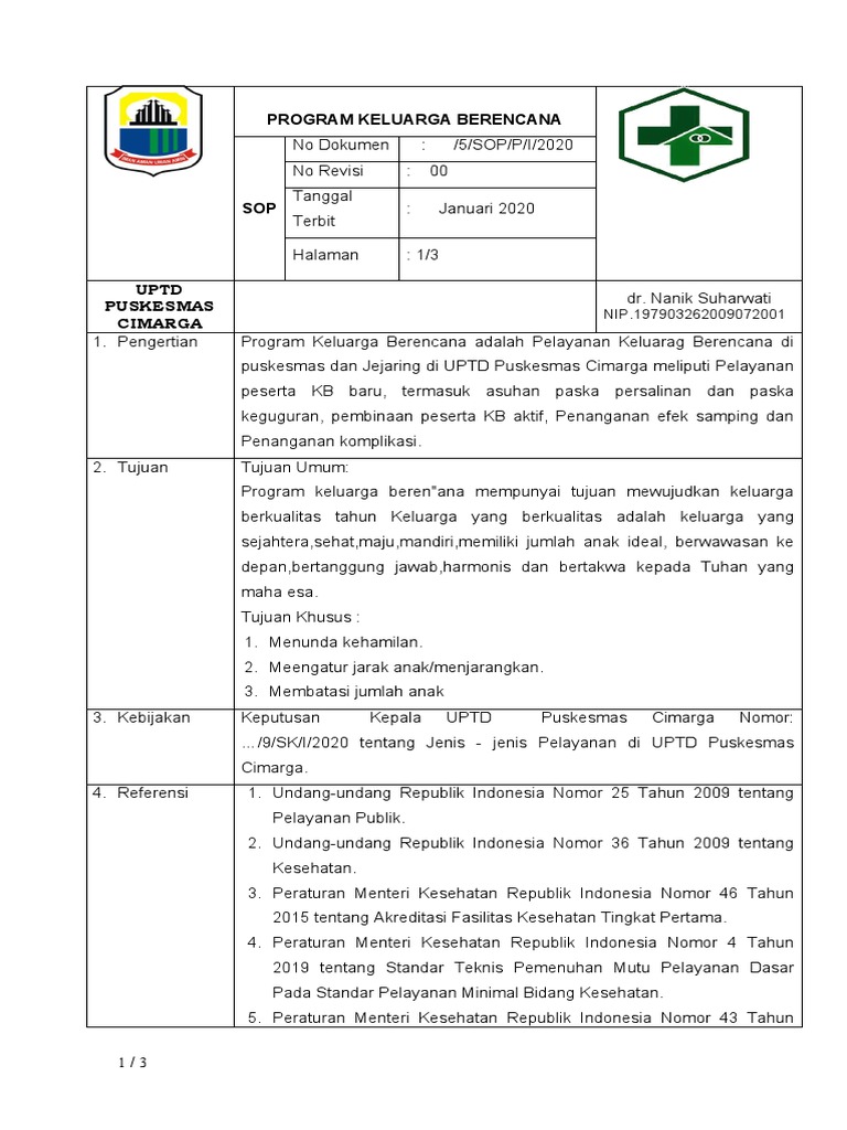 SOP Pelayanan Program KB Puskesmas | PDF