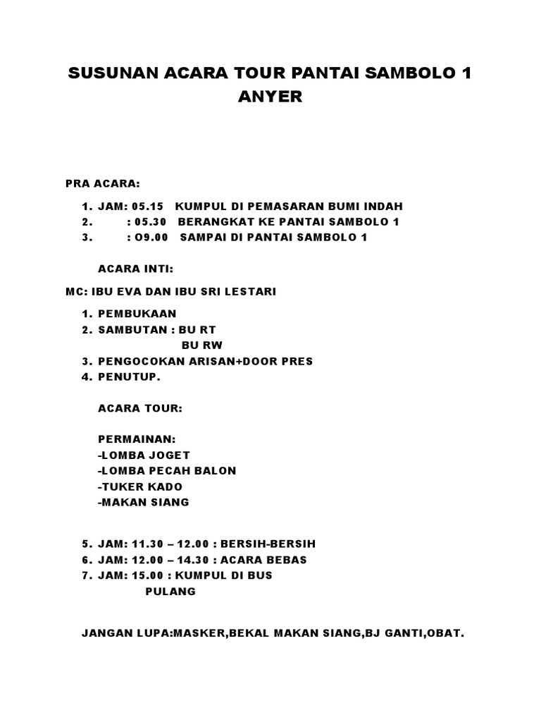 Susunan Acara Tour Pantai Sambolo 1 Anyer | PDF