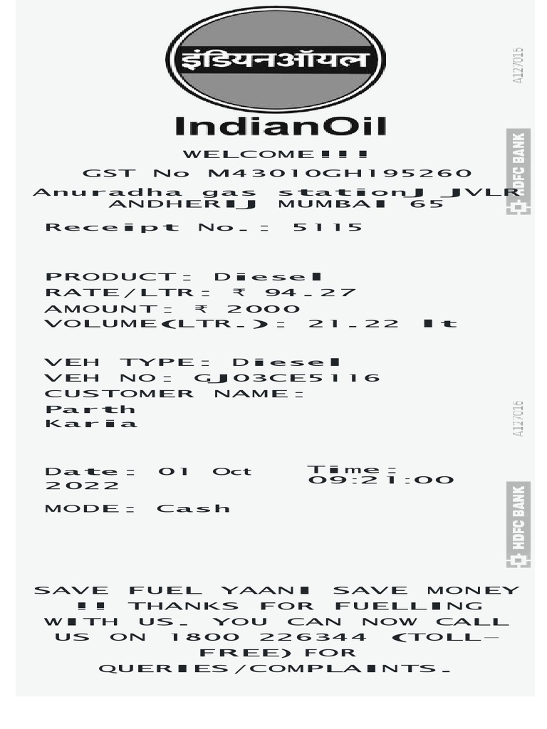Diesel Receipt from Anuradha Gas Station | PDF