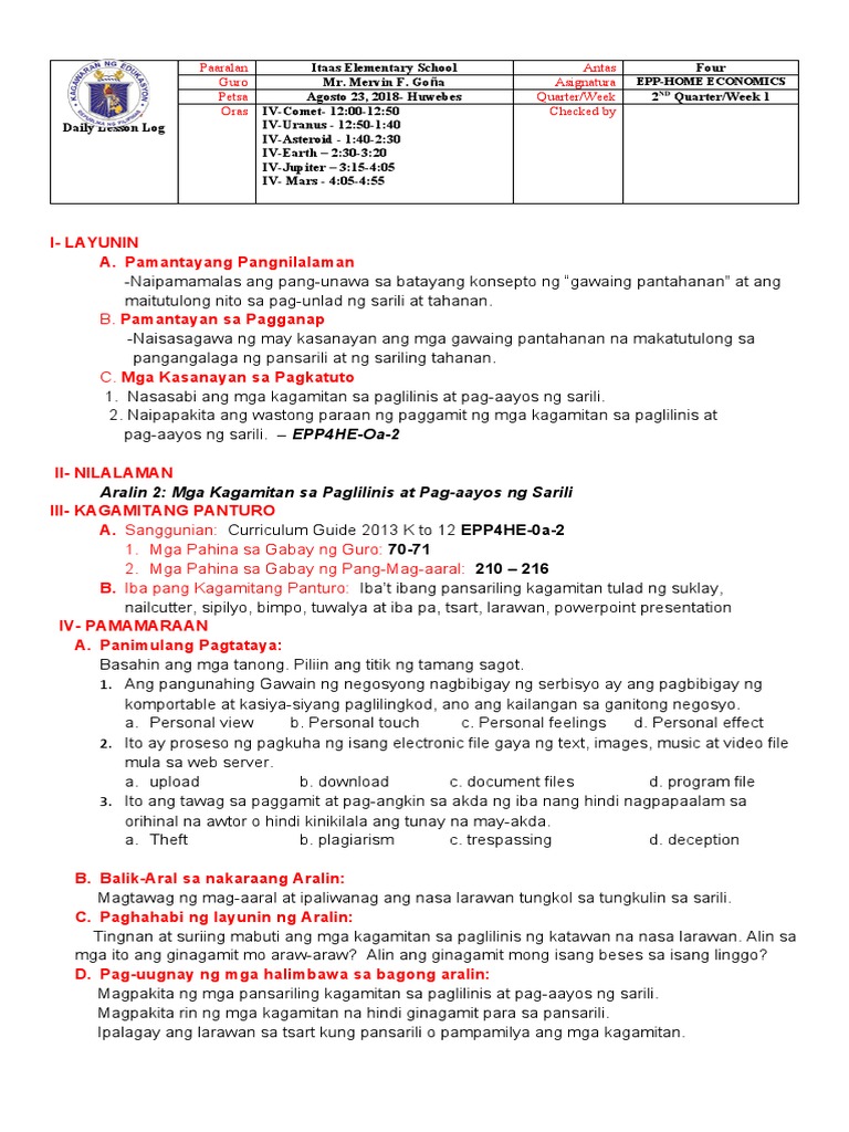 DLP in Epp - Home Economics Aralin 2 | PDF