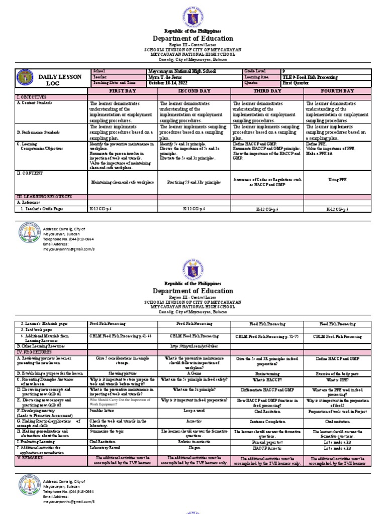 DLL-Food Fish Processing 9-Q1-W8 | PDF | Learning | Hazard Analysis And ...