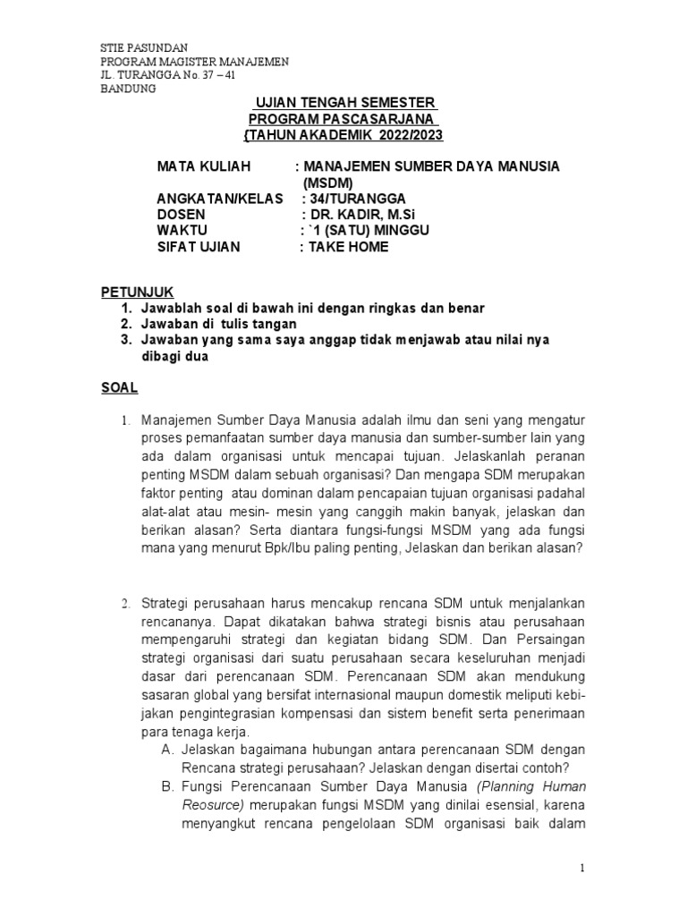 SOAL UTS MSDM PASCA Desember 2022 | PDF