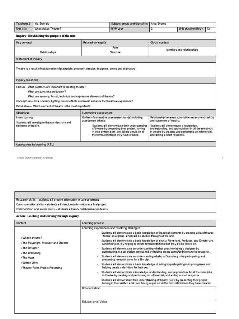 MYP - Unit 2 - Planner Y2 G8 | PDF | Educational Assessment | Theatre